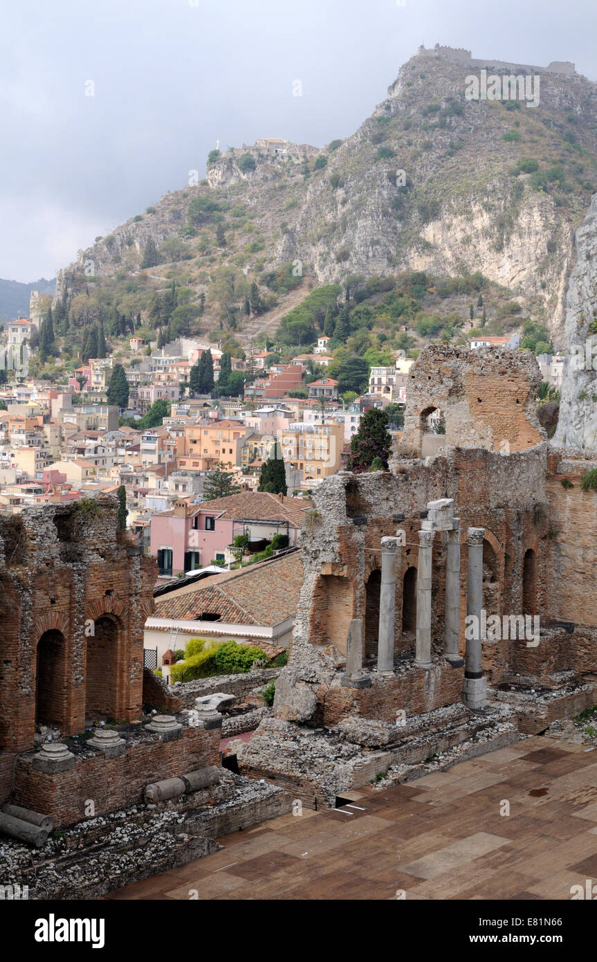 The walls of the Greek Theatre and Taormina Town Sicily Italy Stock ...