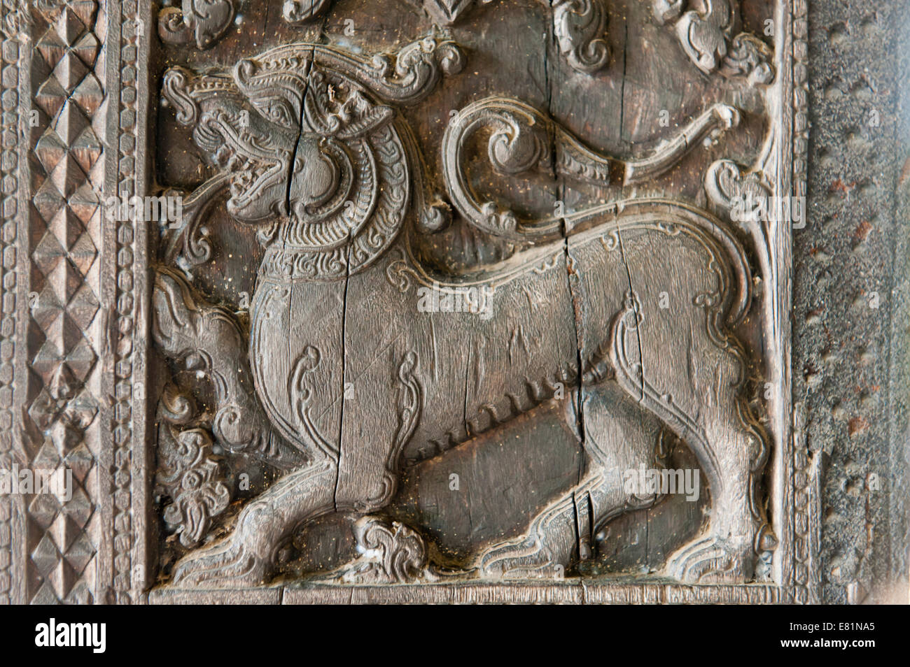 Ornate wood carving, Sinhalese lion, Embekke Devale Temple, near Kandy ...