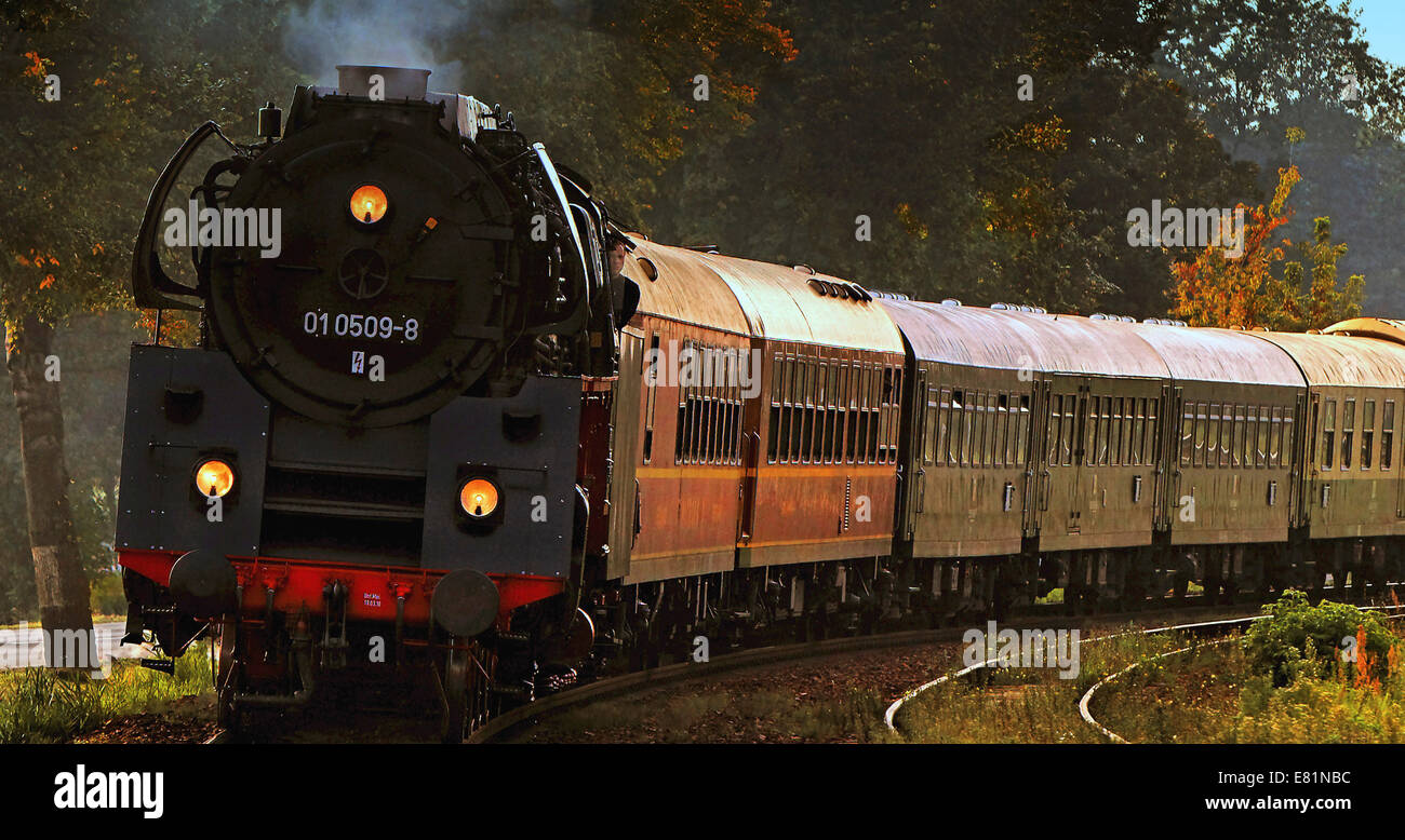 Train with old carriages of the Deutsche Reichsbahn railway being ...