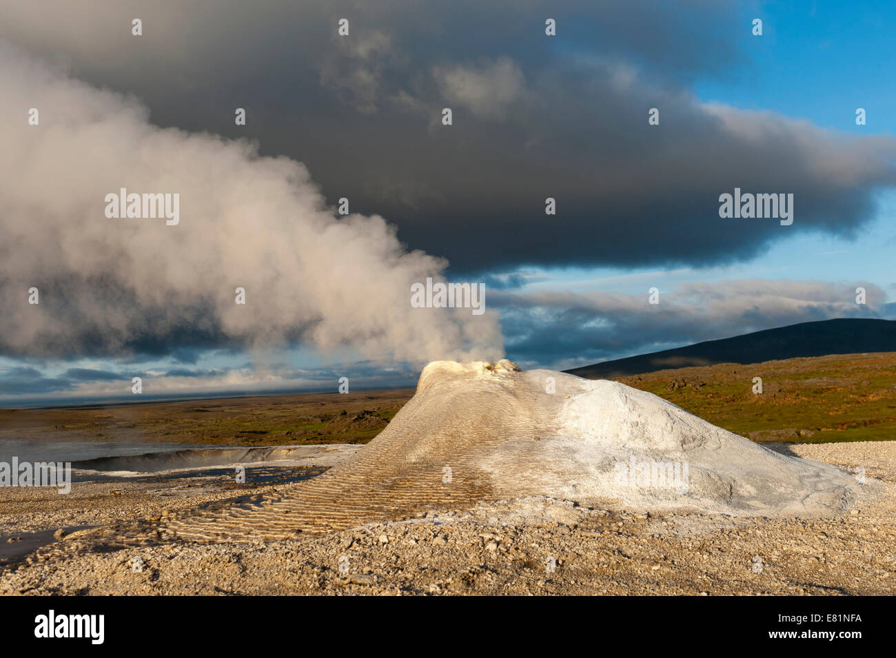Blue water pool, Bláhver hot spring, limestone sinter terraces ...
