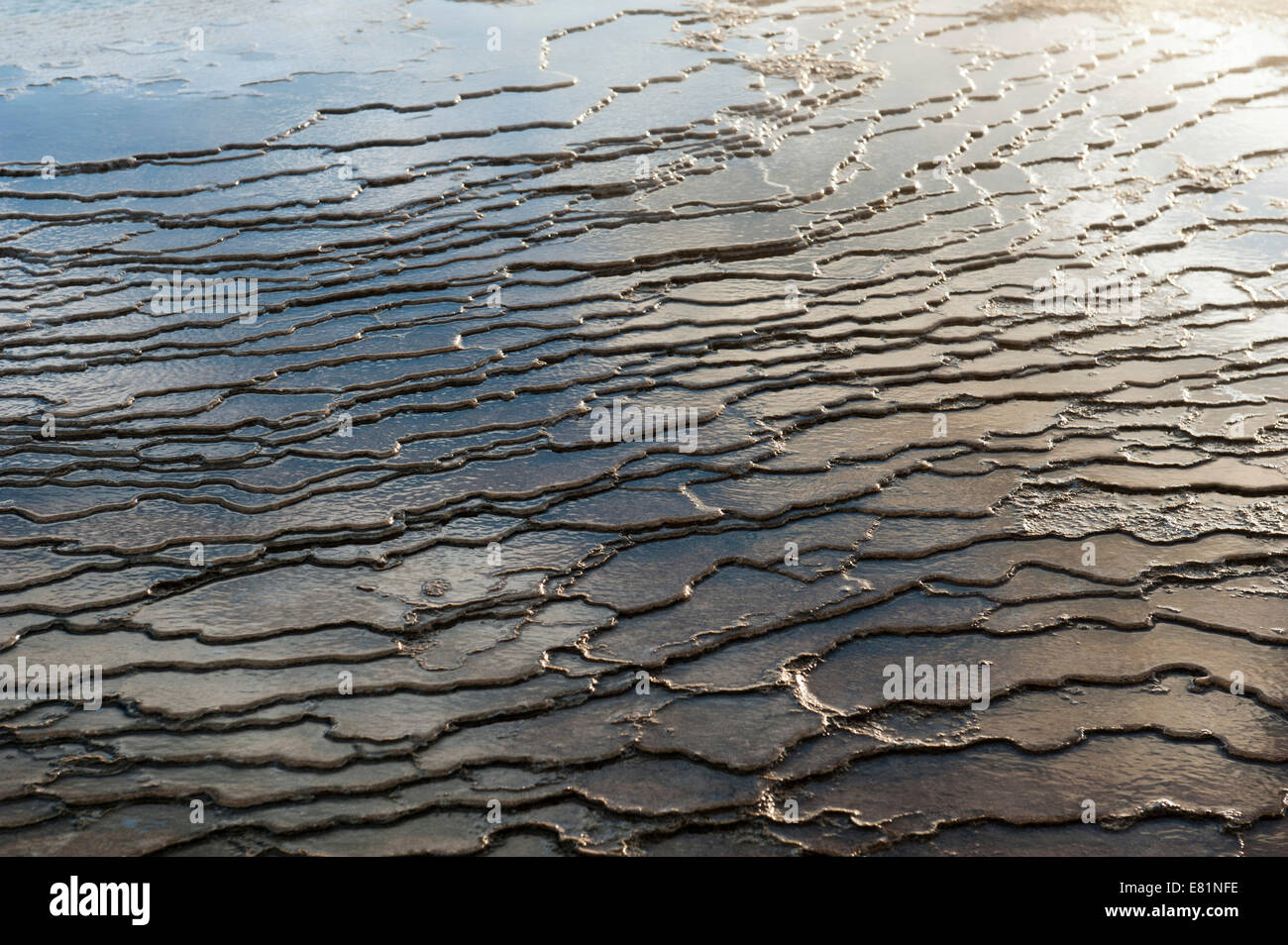 Detail, blue water pool, Bláhver hot spring, limestone sinter terraces ...
