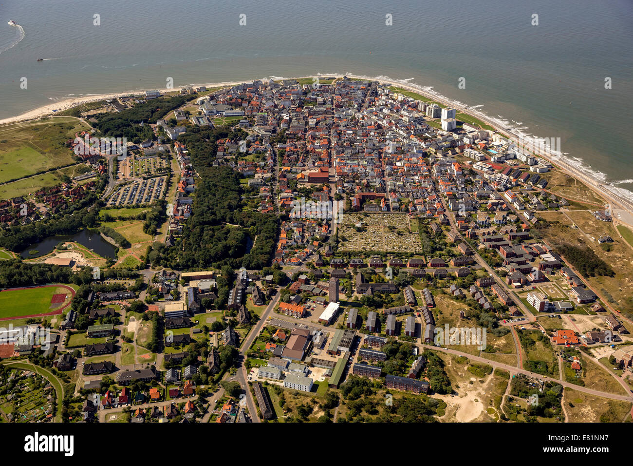 Aerial view, town of Norderney, western part of the island, Wadden Sea ...