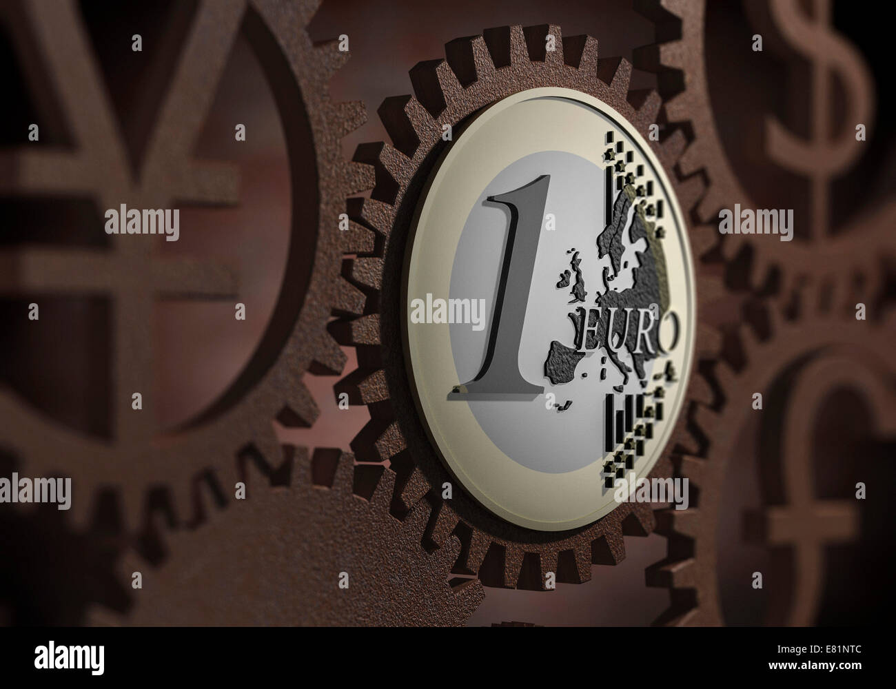 Euro coin, various currency symbols, cog wheels, illustration Stock ...