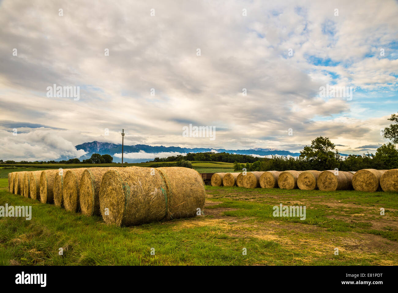 storm is coming on a field with hay bales Stock Photo - Alamy