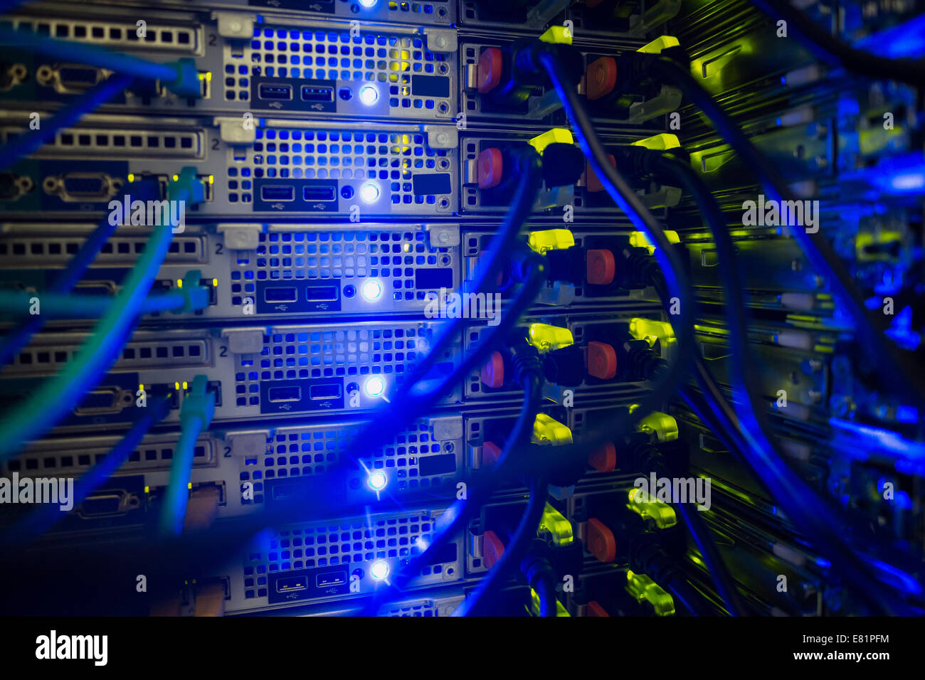 Interior of server with wires blue Stock Photo - Alamy