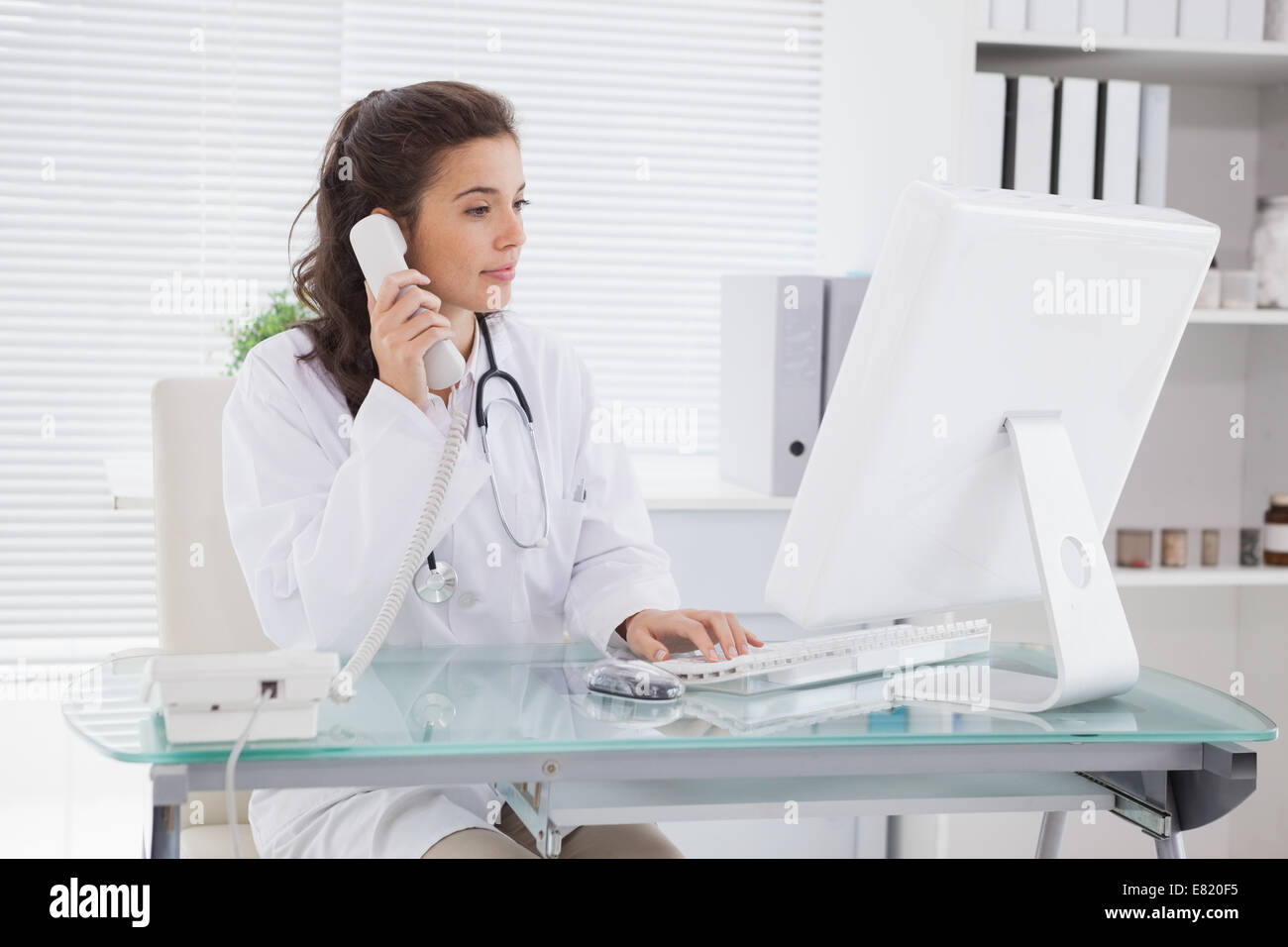 Vet phoning and using computer Stock Photo - Alamy