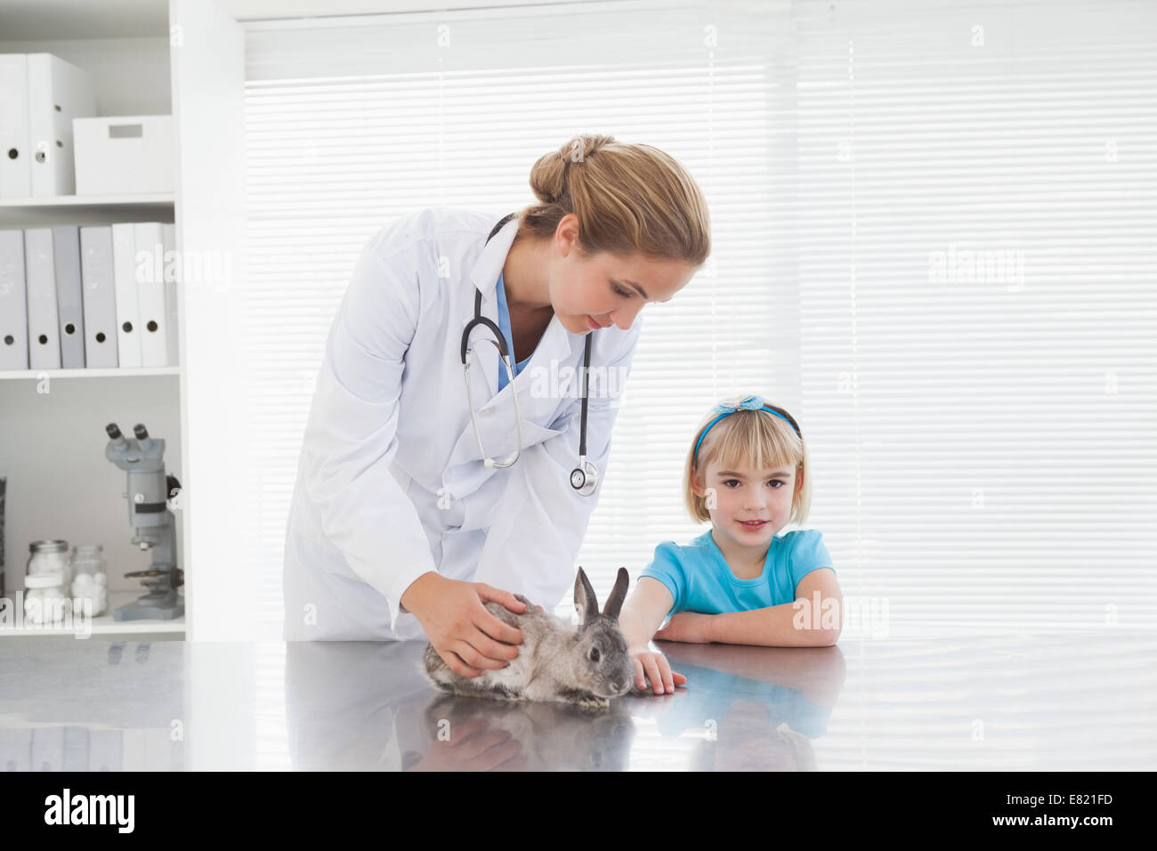 Vet showing a young girl a bunny rabbit Stock Photo - Alamy