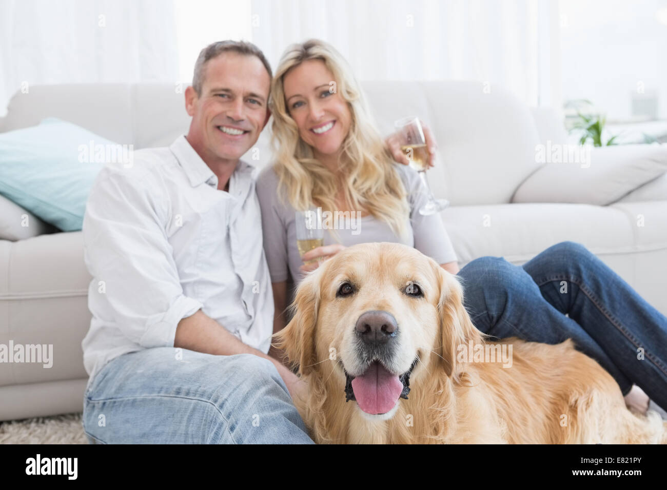 Couple drinking champagne with their dog in front of them Stock Photo ...