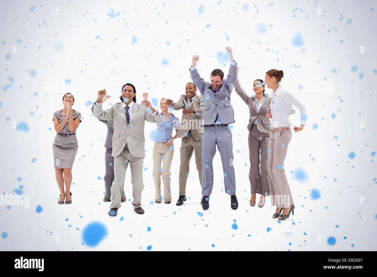 Very enthusiast people jumping and raising their arms Stock Photo - Alamy