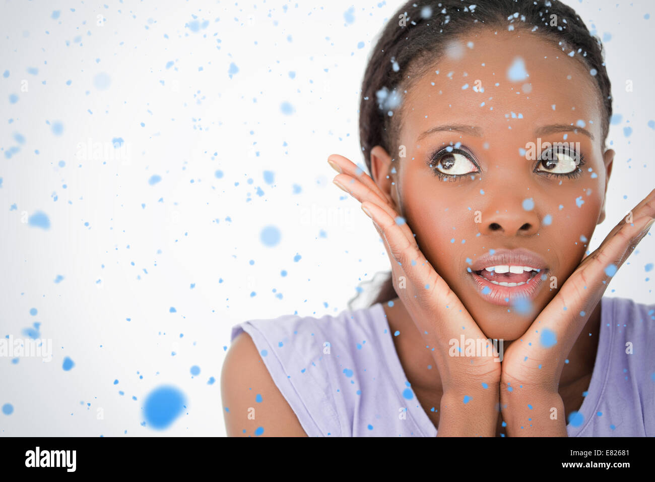 Close up of woman being afraid on white background Stock Photo - Alamy