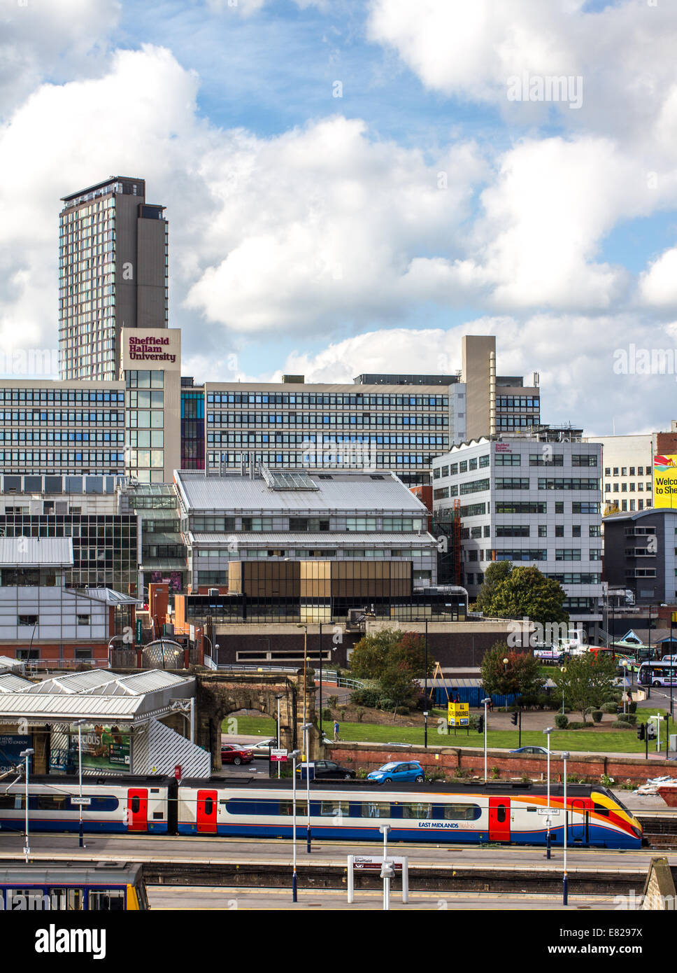 Sheffield city centre and Hallam University from the railway and tram ...