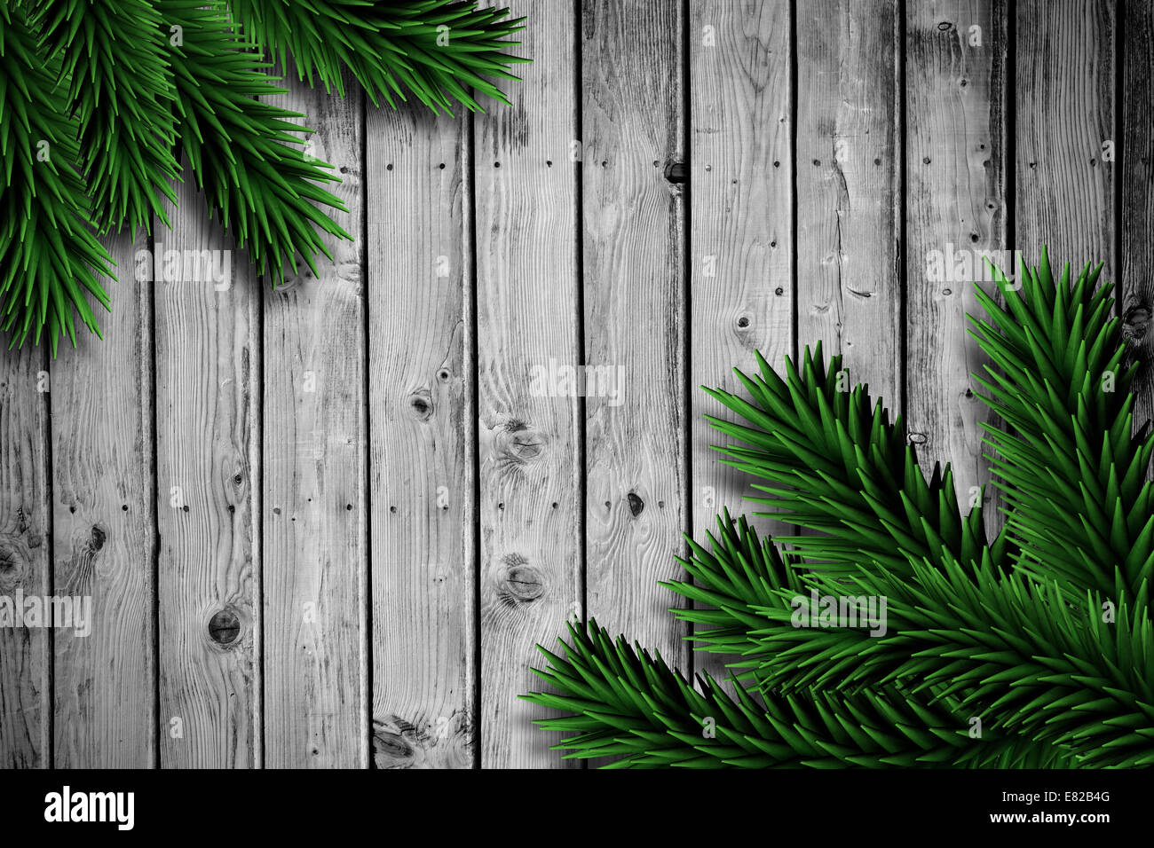 Fir branches on wooden planks Stock Photo - Alamy