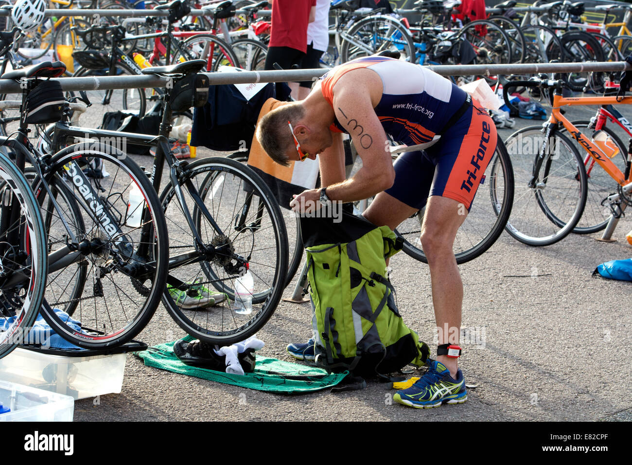 The transition area in the Warwickshire Triathlon, Stratford-upon-Avon ...