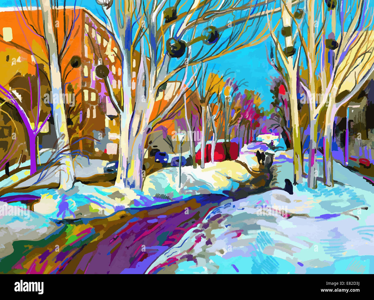 original digital painting of winter cityscape. Modern Impression Stock ...