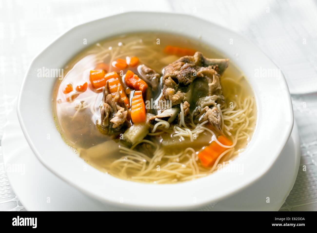 Food on white tablecloth Stock Photo - Alamy