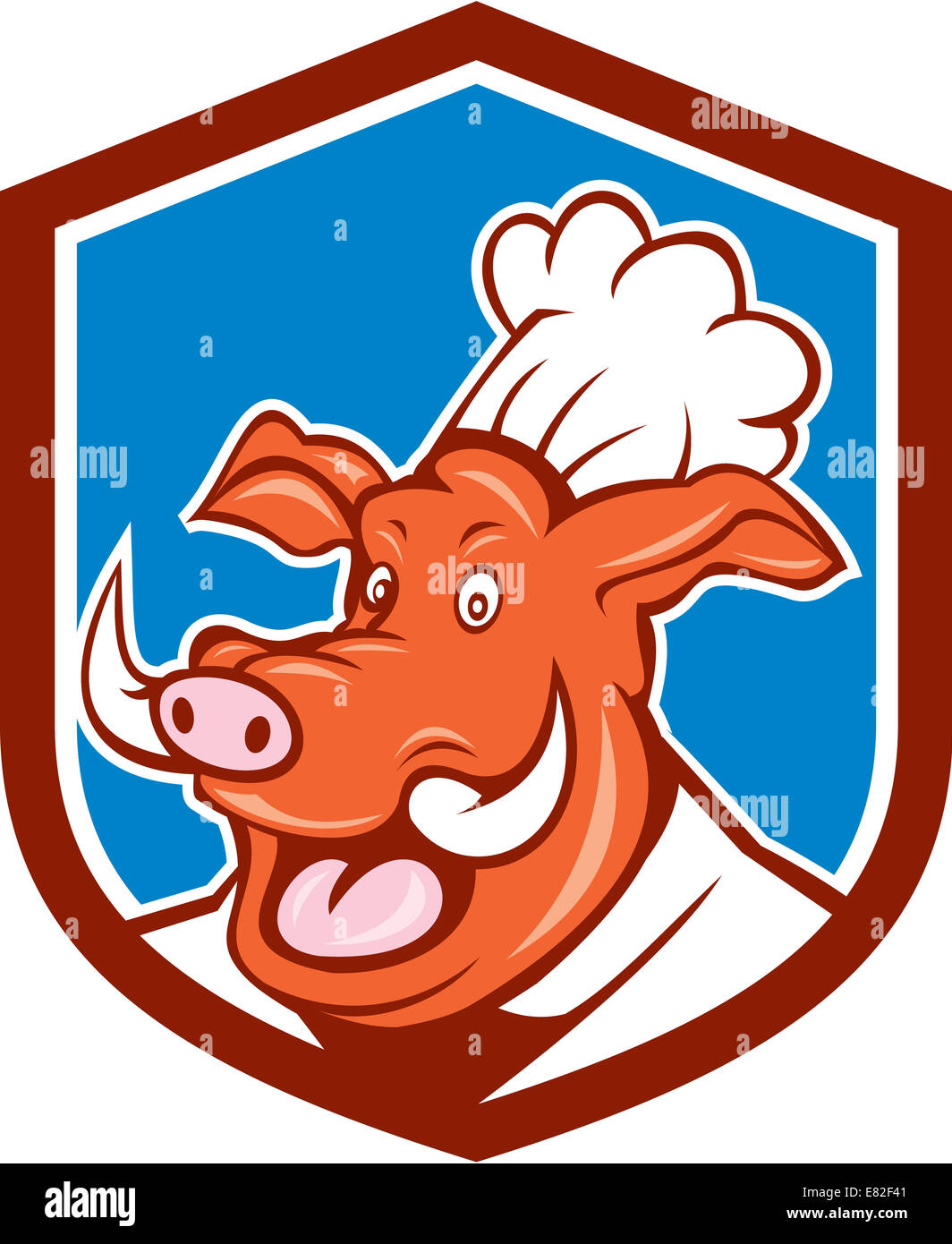 Illustration of a wild pig boar chef cook head set inside shield crest ...