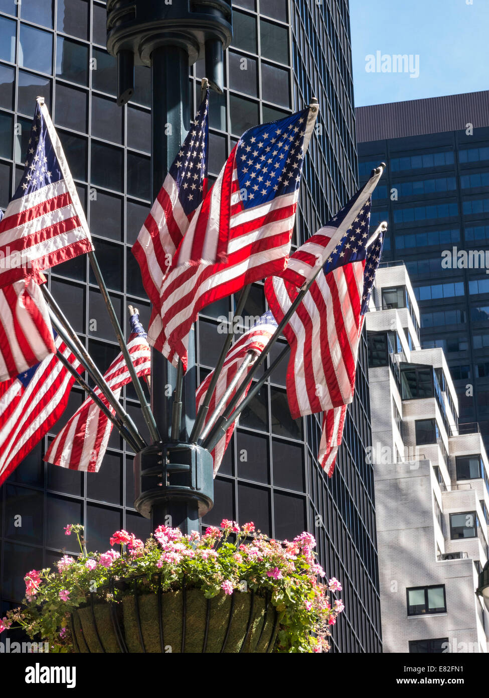 American Flags and Flower Pot Display, Midtown Manhattan, NYC, USA ...