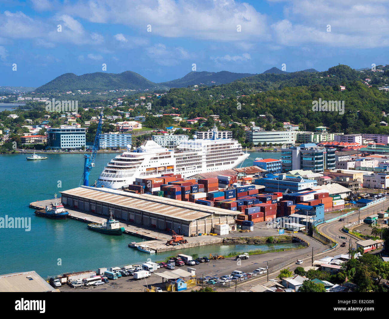 Caribbean, St. Lucia, Castries, container harbor and cruise ship Stock ...