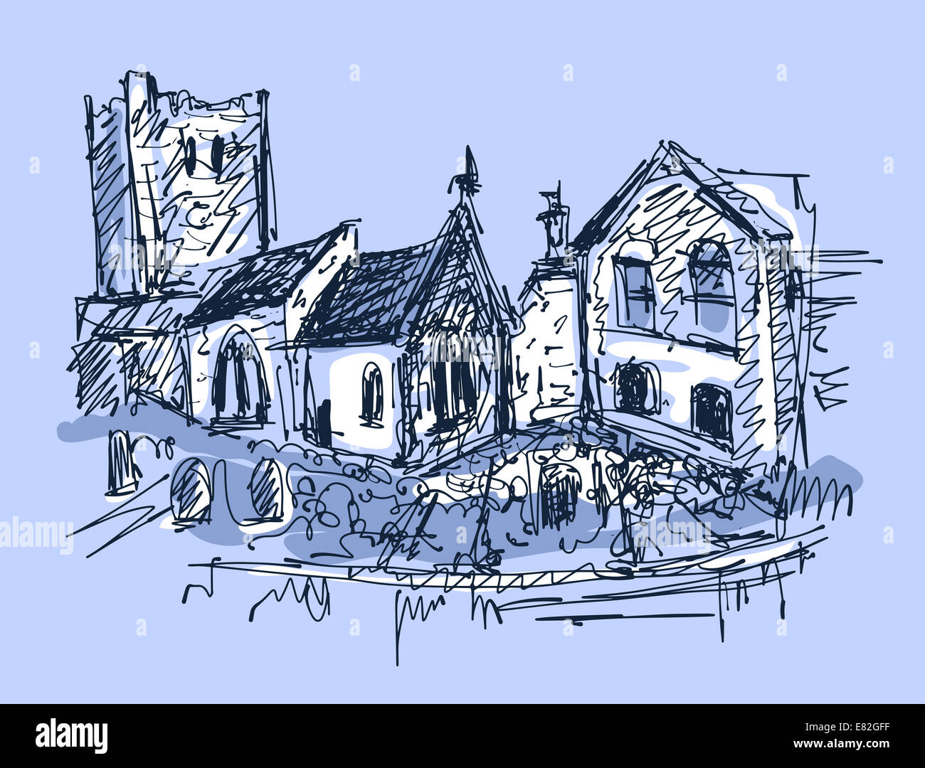 digital sketch drawing of rural landscape Stock Photo - Alamy