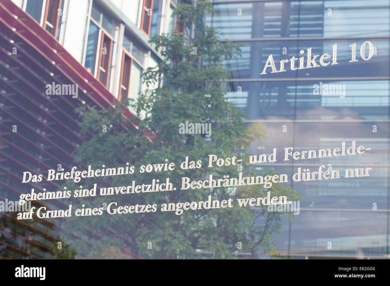 Germany, Berlin, German constitution written on glass in front of ...