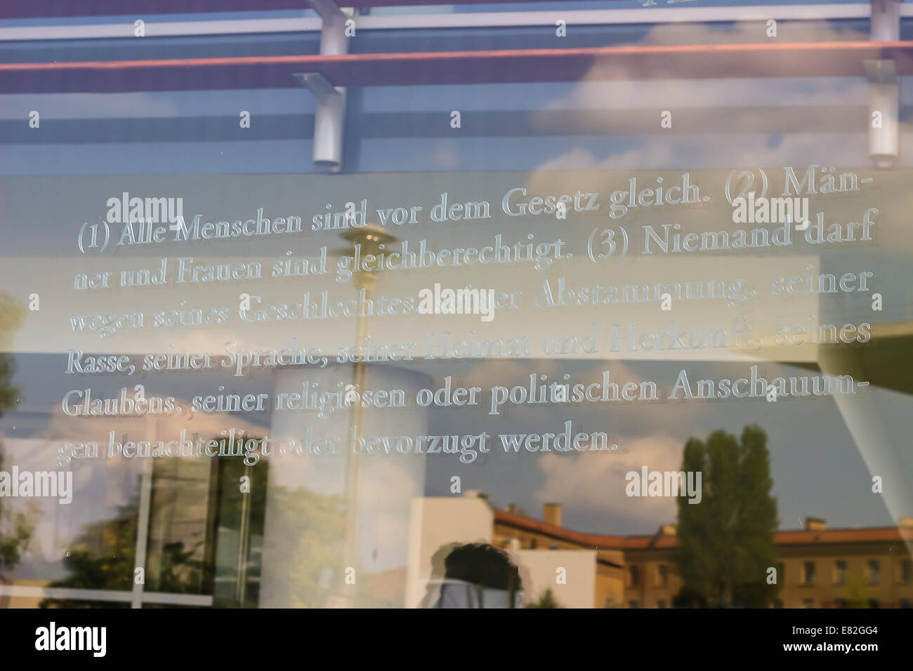 Germany, Berlin, German constitution written on glass in front of ...
