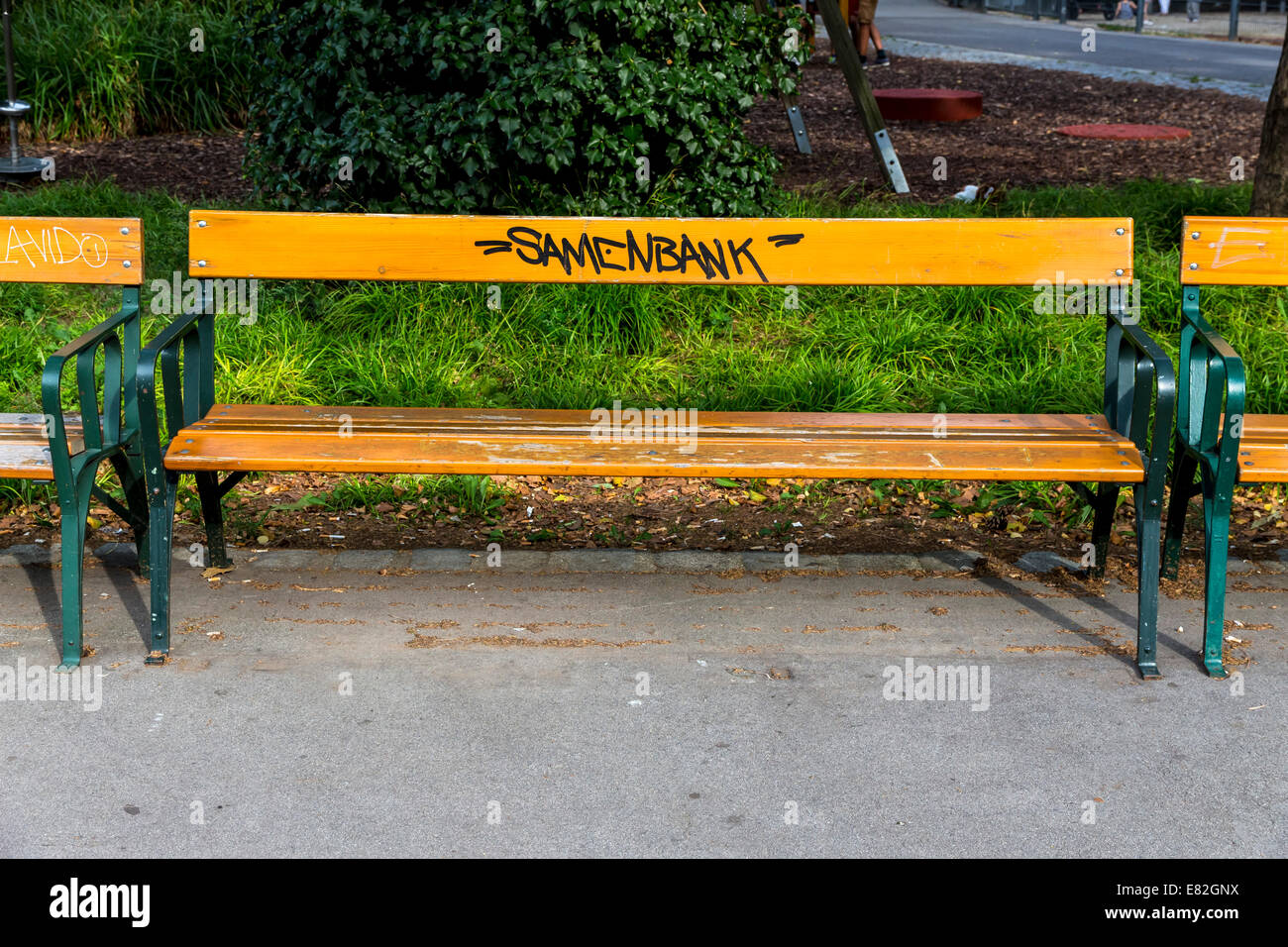 Austria, Vienna, park bench labelled with the word 'Samenbank' Stock ...