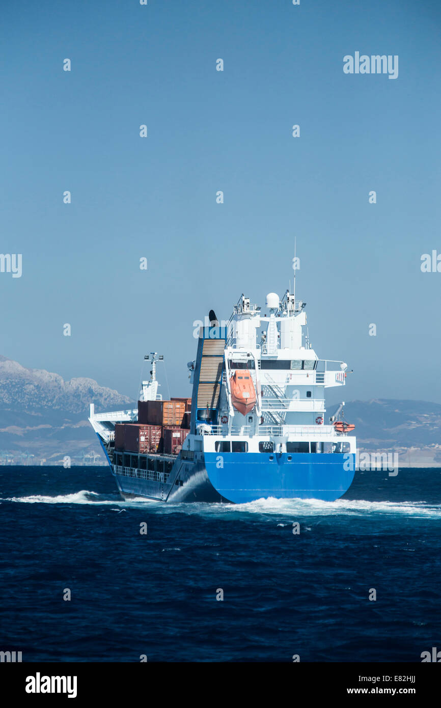 Spain, Andalusia, Tarifa, Strait of Gibraltar, Cargo ship Stock Photo ...
