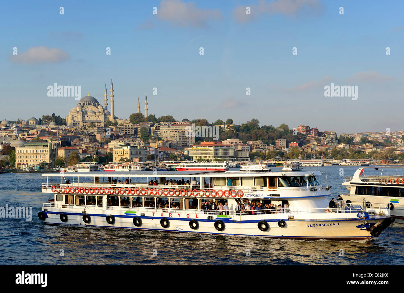Turkey, Istanbul, boat at Golden Horn with Sueleymaniye Mosque in ...