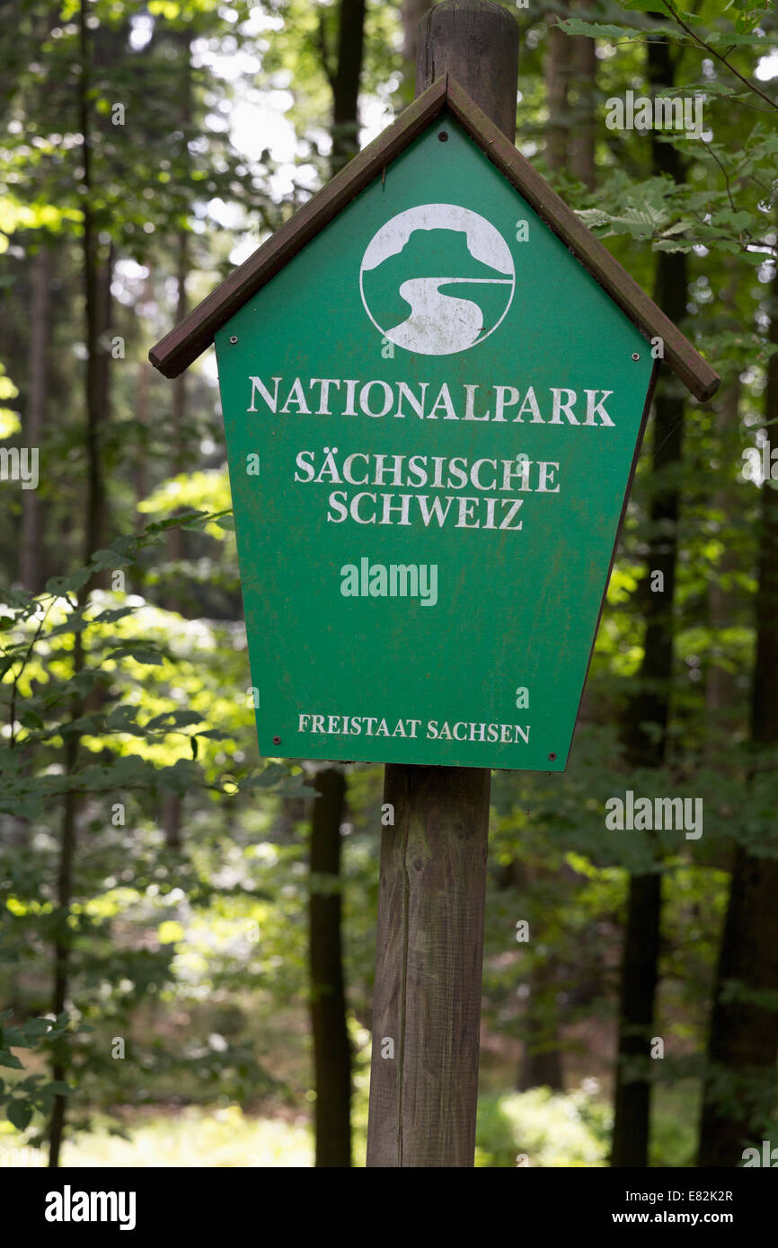 Germany, Saxony, sign of Saxon Switzerland National Park Stock Photo ...