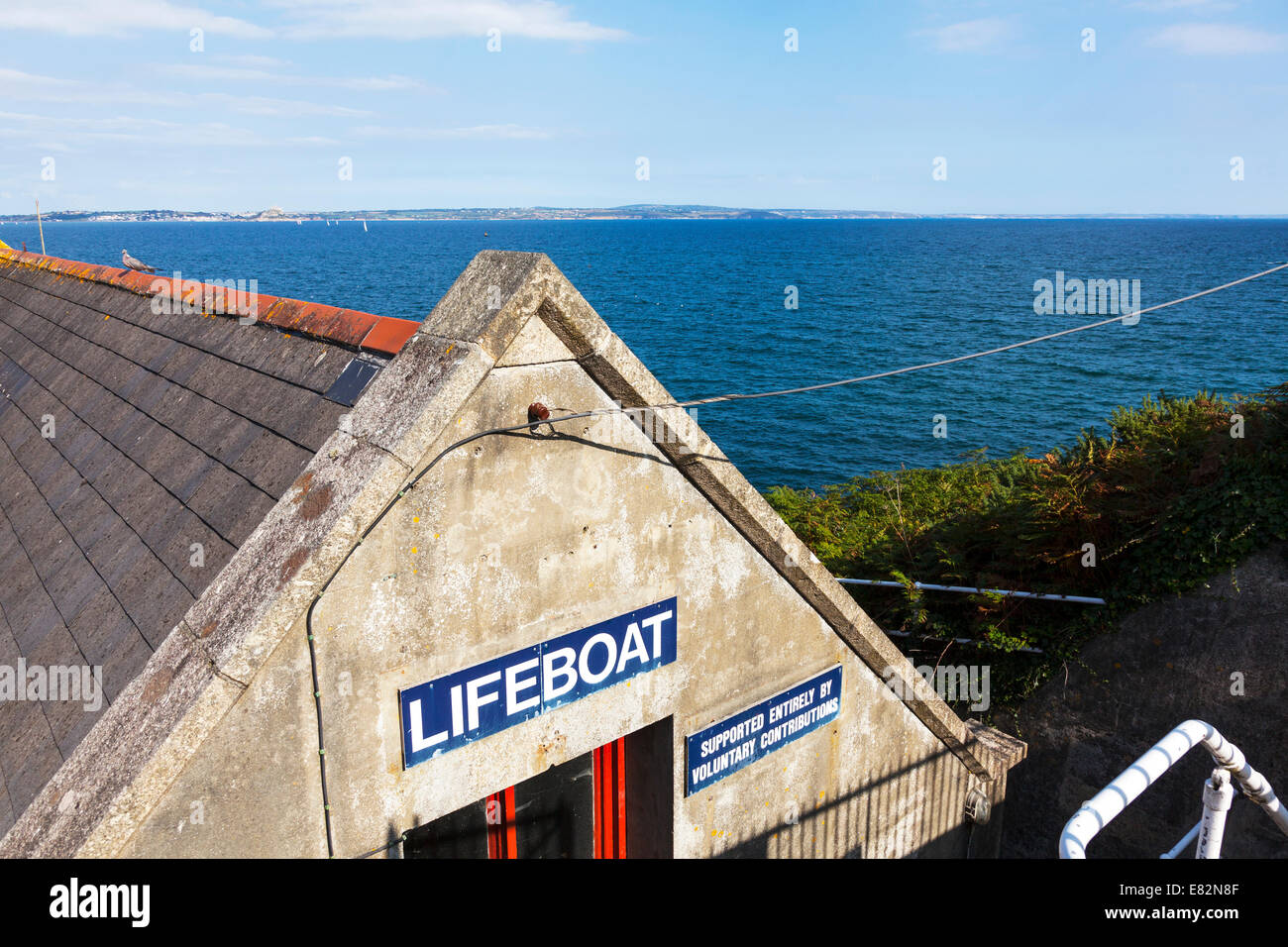 Lifeboat station at Moushole RNLI building Cornwall overlooking Mounts ...