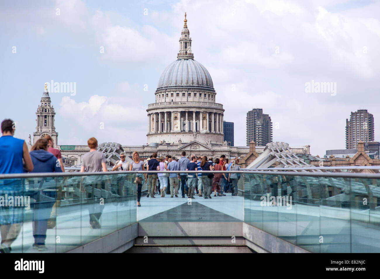 View on St Paul's Cathedral in London from Millennium bridge crowded ...