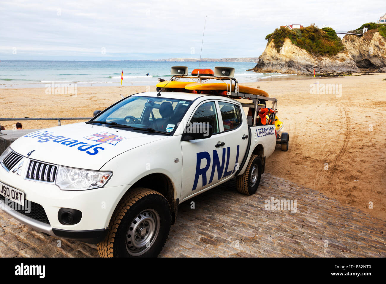 RNLI car vehicle on Towan beach Newquay Cornwall safety for surfers ...