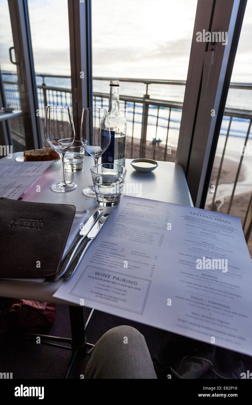 Fifteen Jamie Oliver's menu restaurant inside table set drinks sea view ...