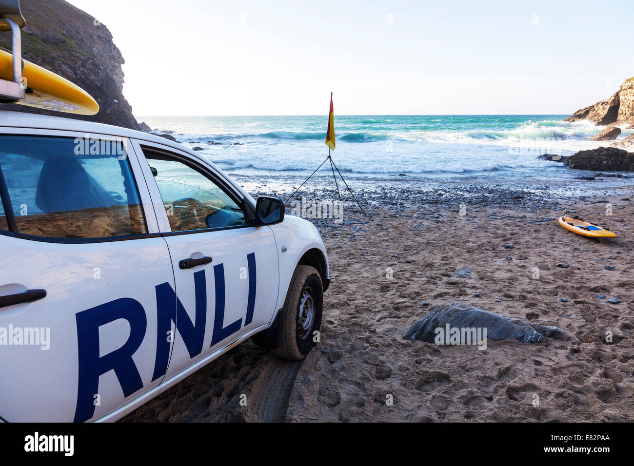 RNLI car vehicle on Chapel Porth beach Cornwall safety for surfers ...