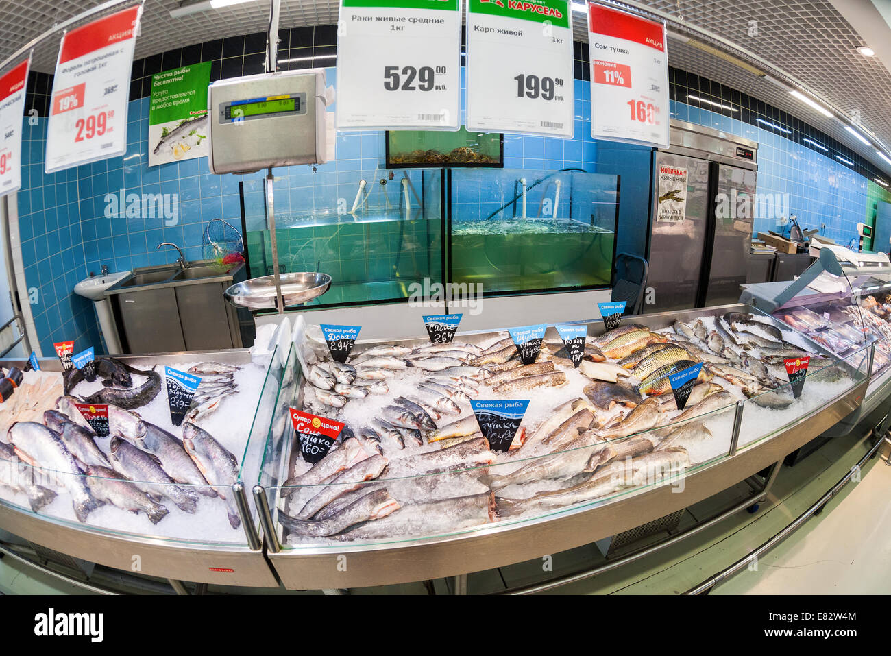 Raw fish ready for sale in the hypermarket Karusel. One of largest ...