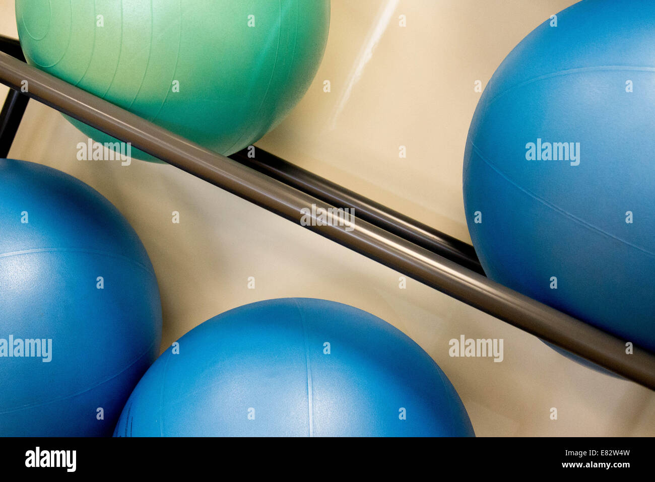 gym equipment for exercise, balance balls, green, blue Stock Photo - Alamy