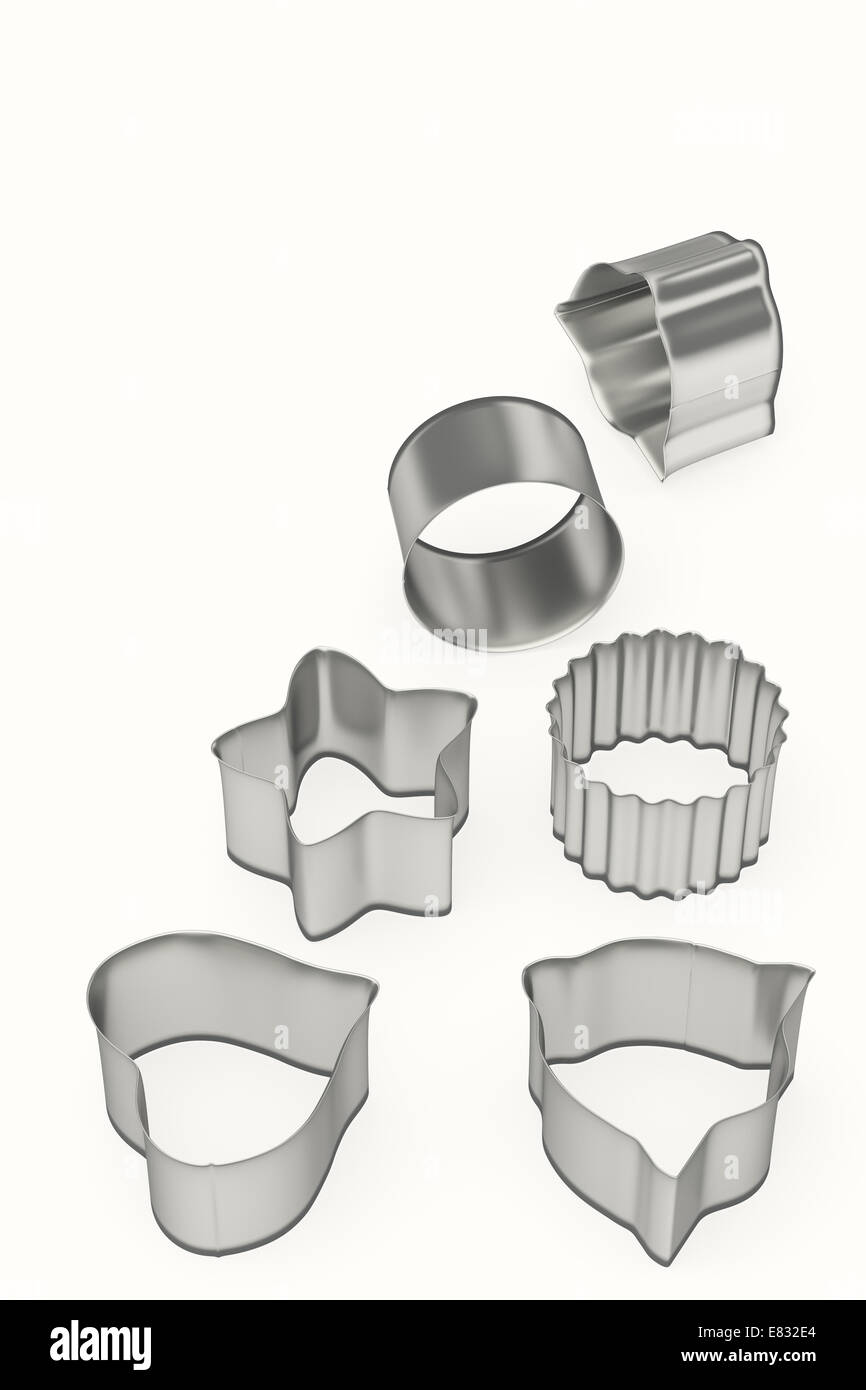 Metal baking form set, five various shape, white background, rendered ...