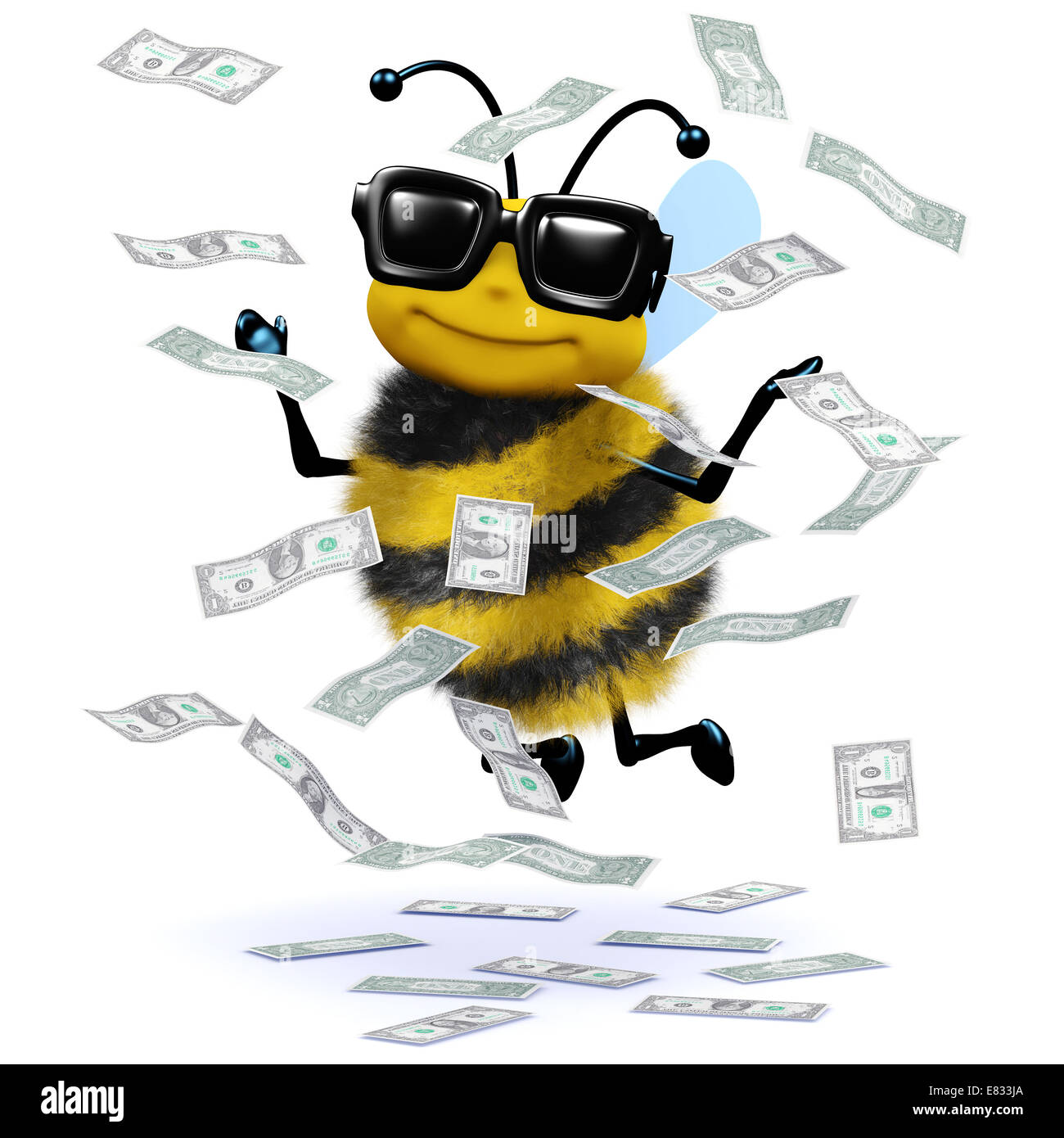 3d render of a bee surrounded by falling dollar bills Stock Photo - Alamy