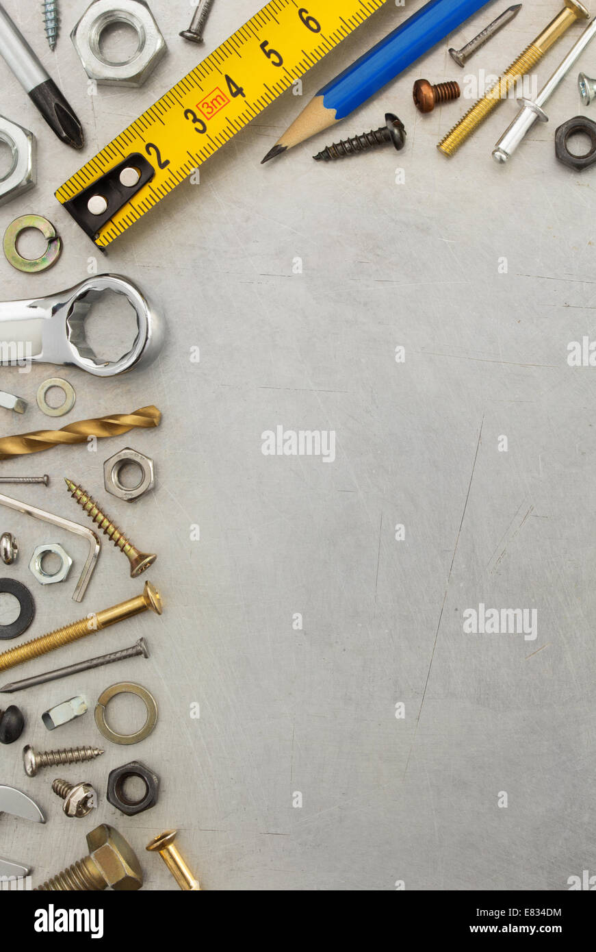 hardware tools at metal background texture Stock Photo - Alamy