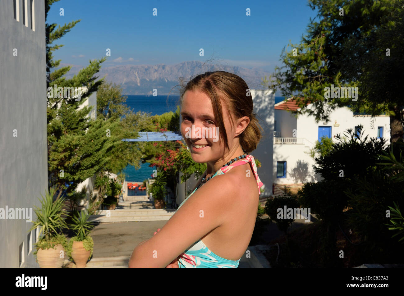 tween teenage Caucasian girl on holiday in Greece Stock Photo - Alamy