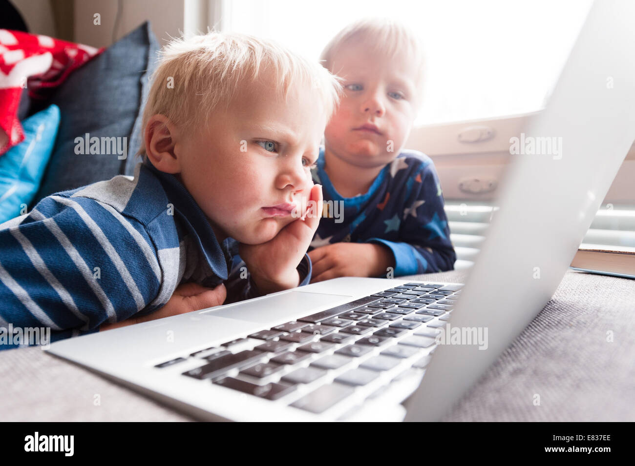 Serious little boys looking at computer screen Stock Photo - Alamy