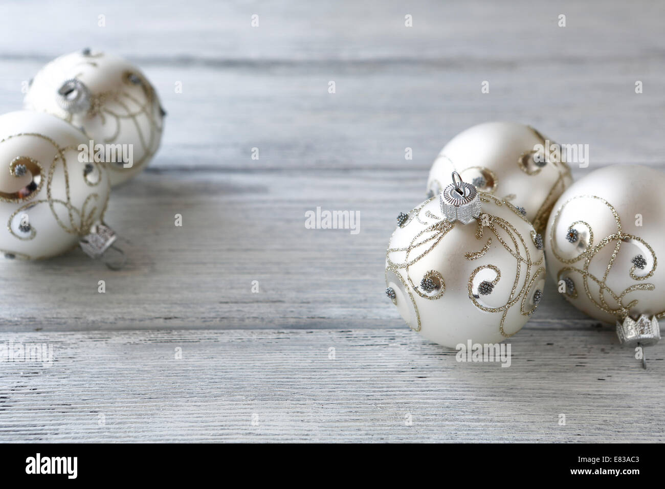 Beautiful balls on wooden boards, closeup. Christmas Stock Photo - Alamy