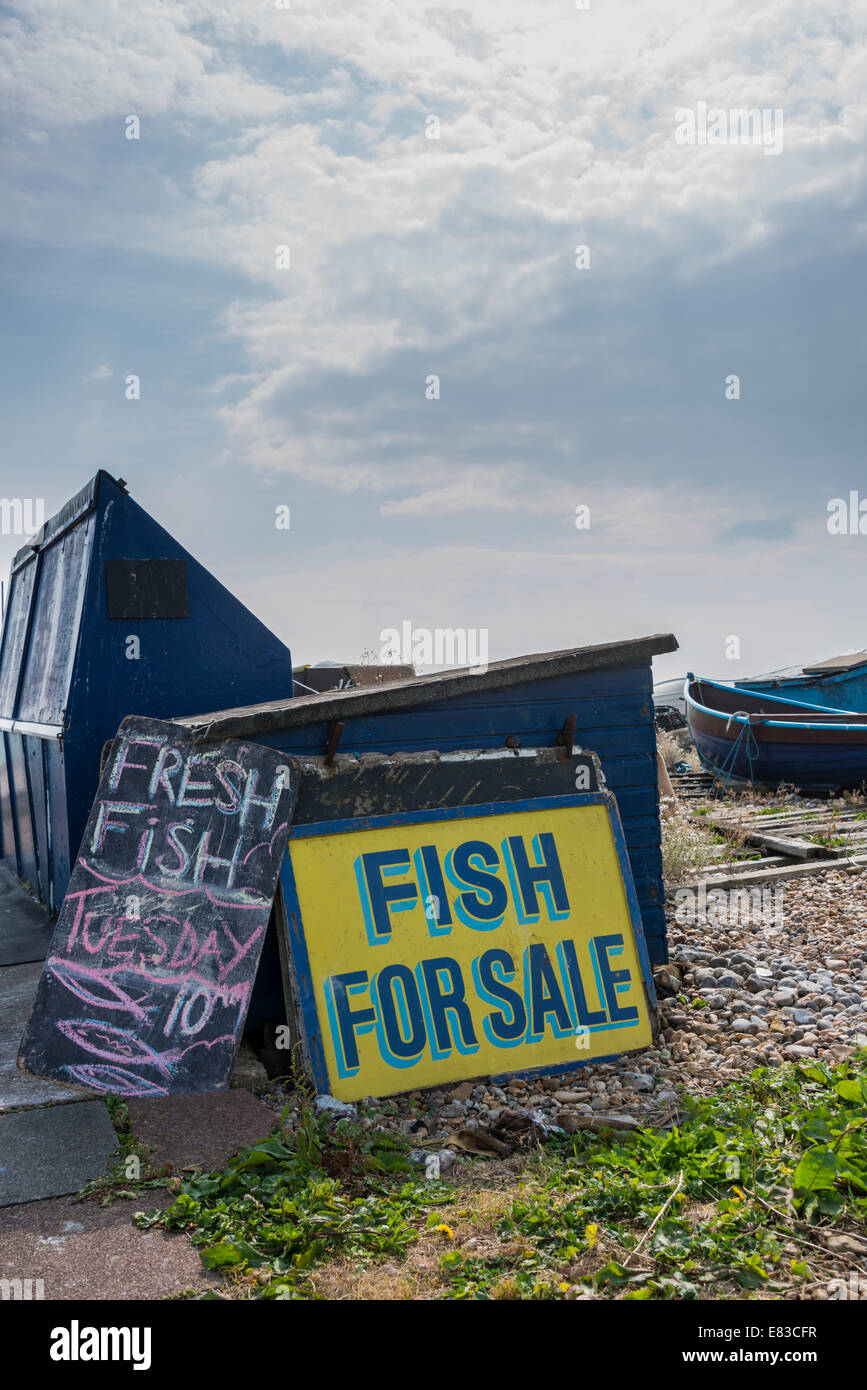 Fresh fish for sale signs on the beach in West Sussex Stock Photo - Alamy