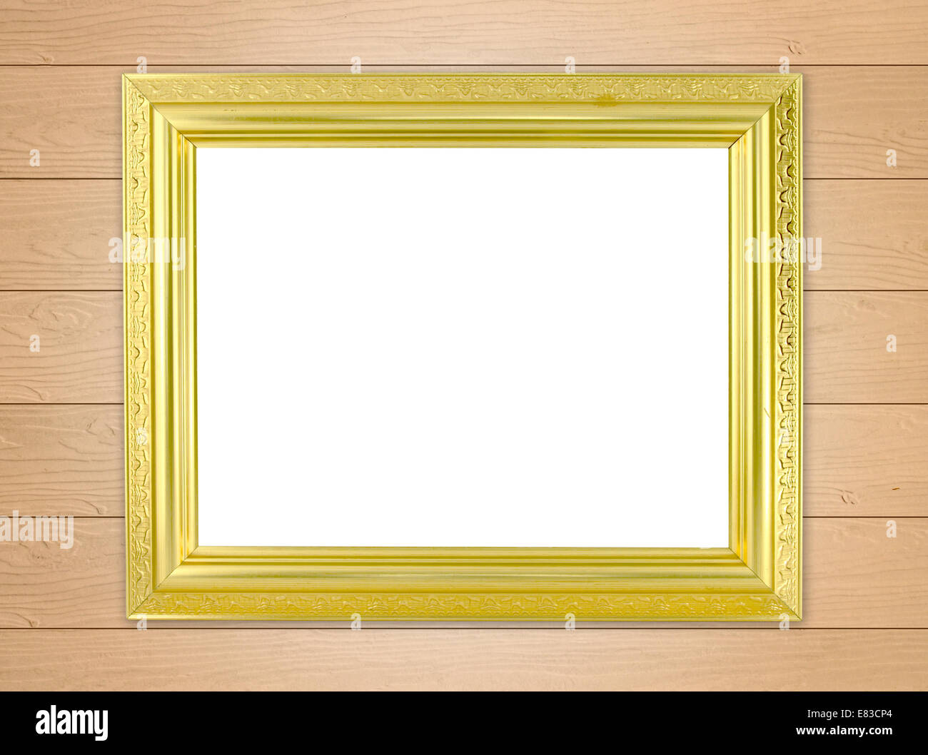 blank golden frame on color wood wall background Stock Photo - Alamy