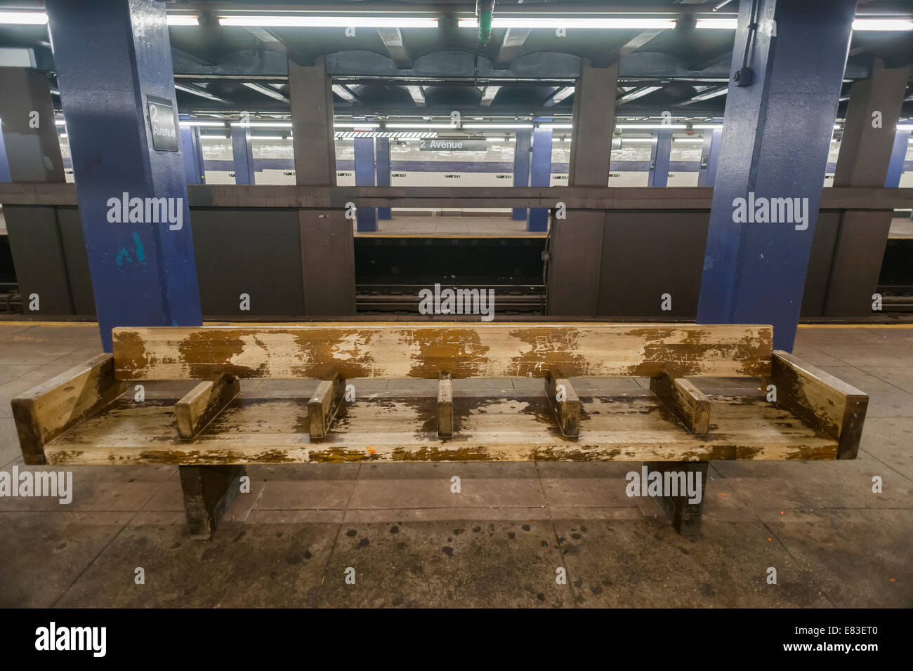 A distressed bench in the Second Avenue station in the New York subway ...