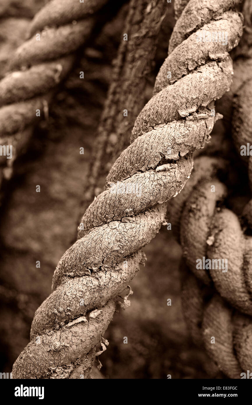 Old rope in black and white with sepia tone at Whitby Harbour Yorkshire ...