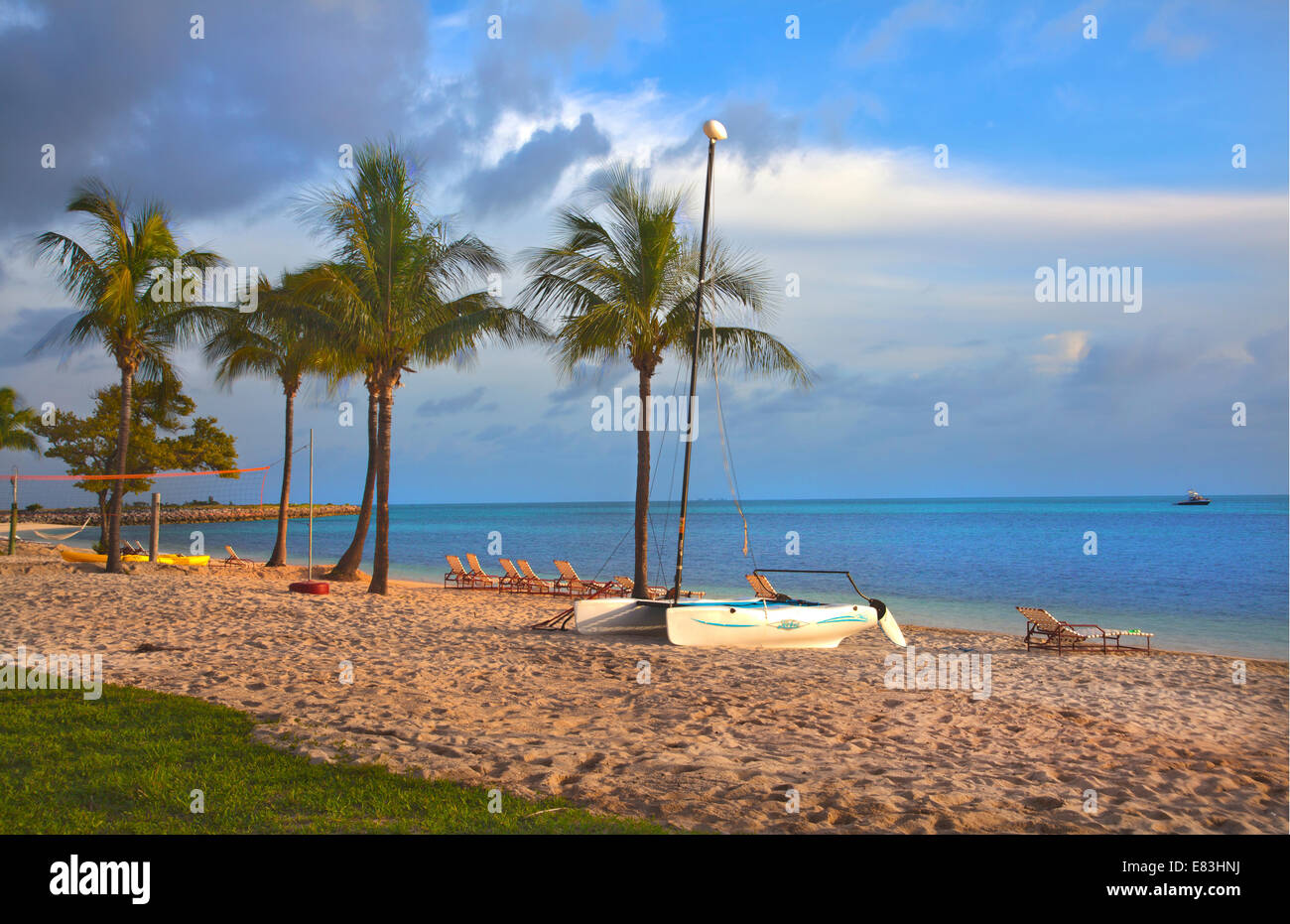 West End Bahamas beach shoreline with hobie cat sail boat and palm ...