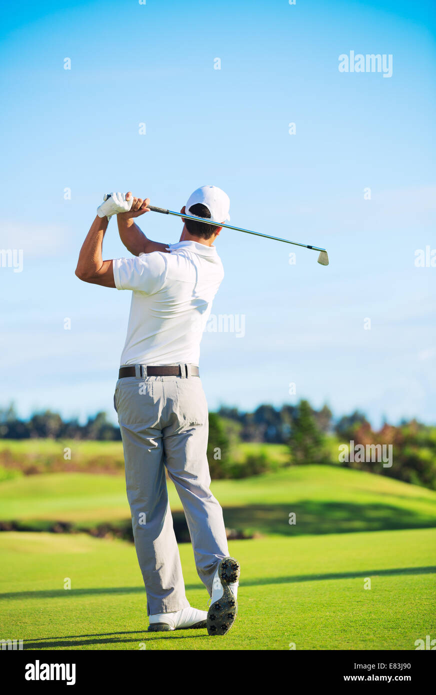 Man Playing Golf on Beautiful Sunny Green Golf Course. Hitting Golf ...