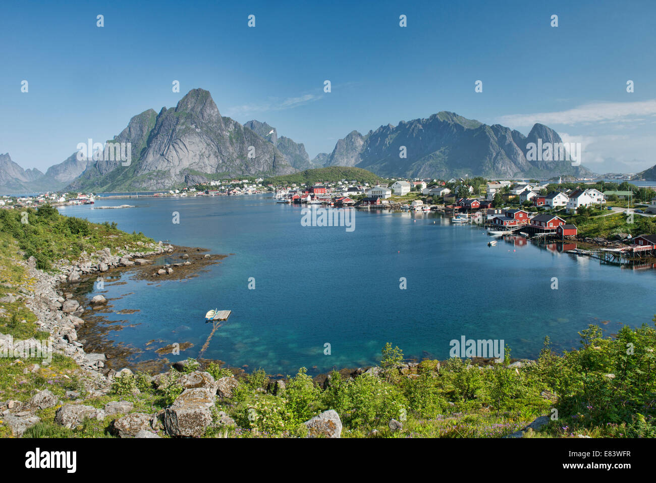 The village of Reine and fjords and mountains in the Lofoten Islands ...