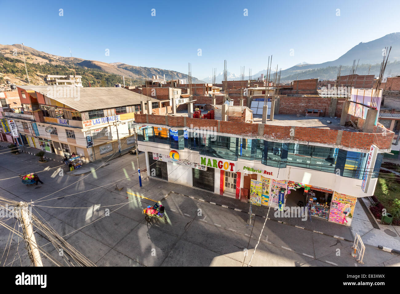 Huaraz city in the morning with Huascaran (6768m) and Huandoy (6360m ...